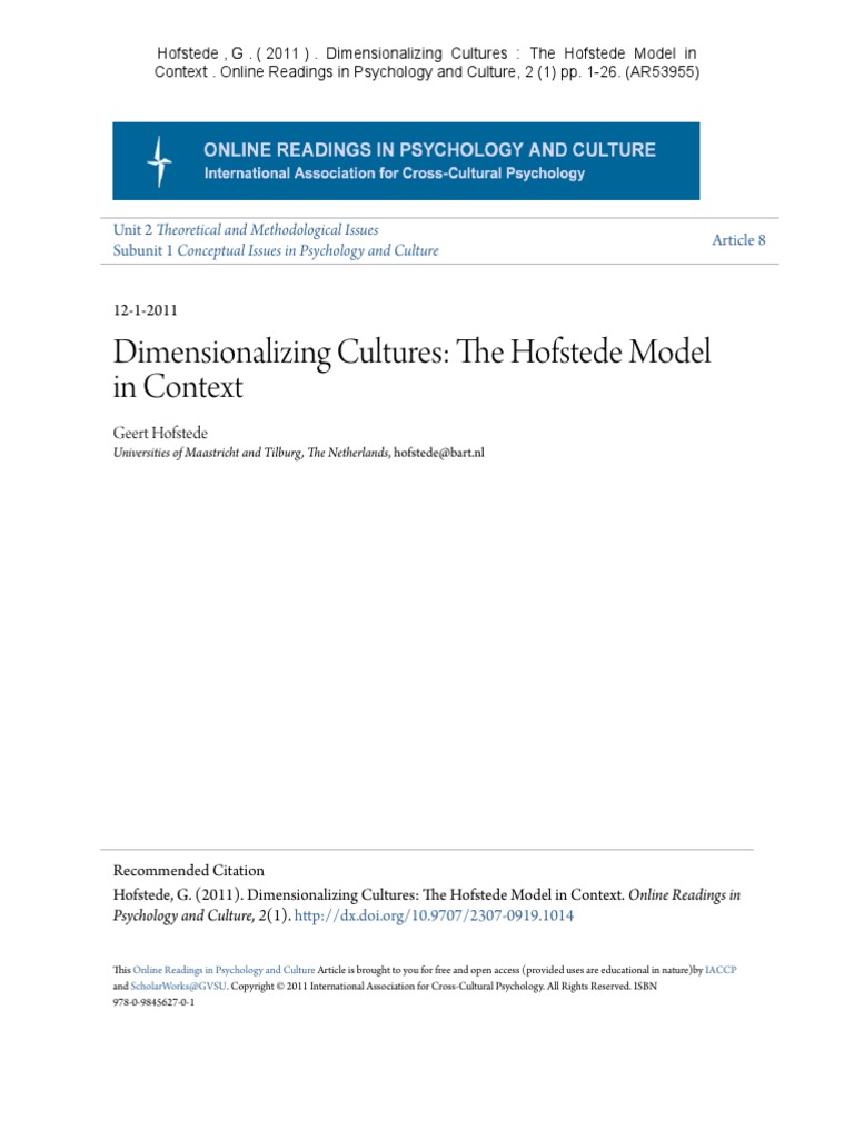 Dimensionalizing Cultures: The Hofstede Model in Context | PDF | Survey ...
