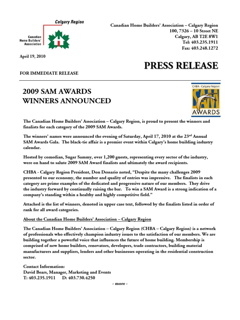 09 SAM Winners Press Release | PDF