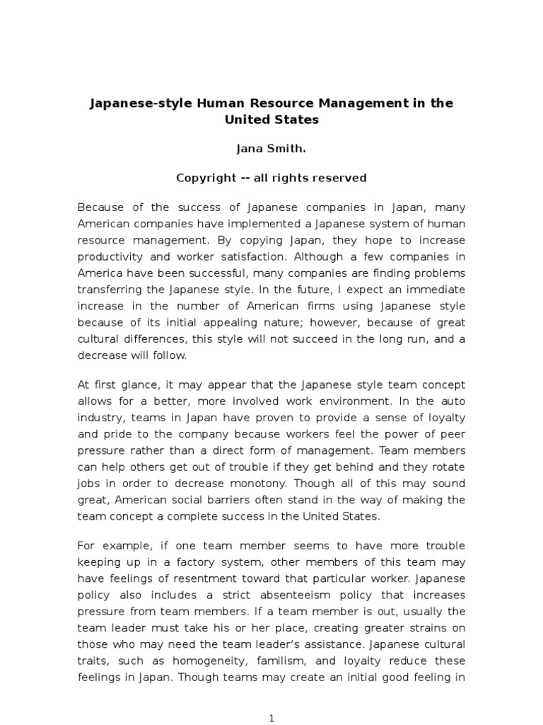Japanese-Style Human Resource Management in The United States | PDF ...