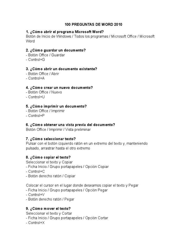 100 Preguntas de Word 2010 | PDF | Microsoft Office | Haga doble clic