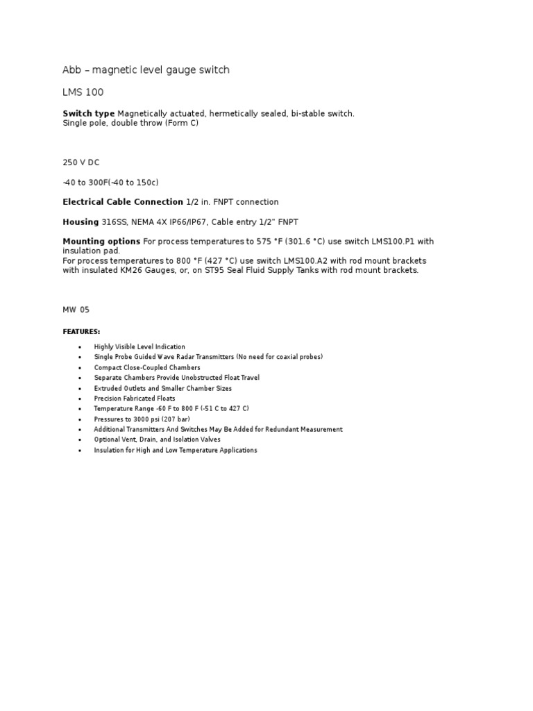Abb - Magnetic Level Gauge Switch LMS 100: Features | PDF