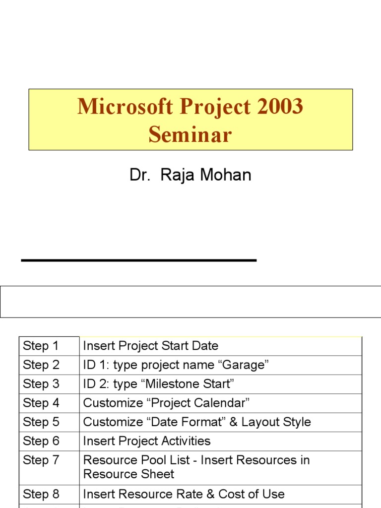 MS-Project 2003 Training Slides - DR Mohan | PDF | Computing | Software