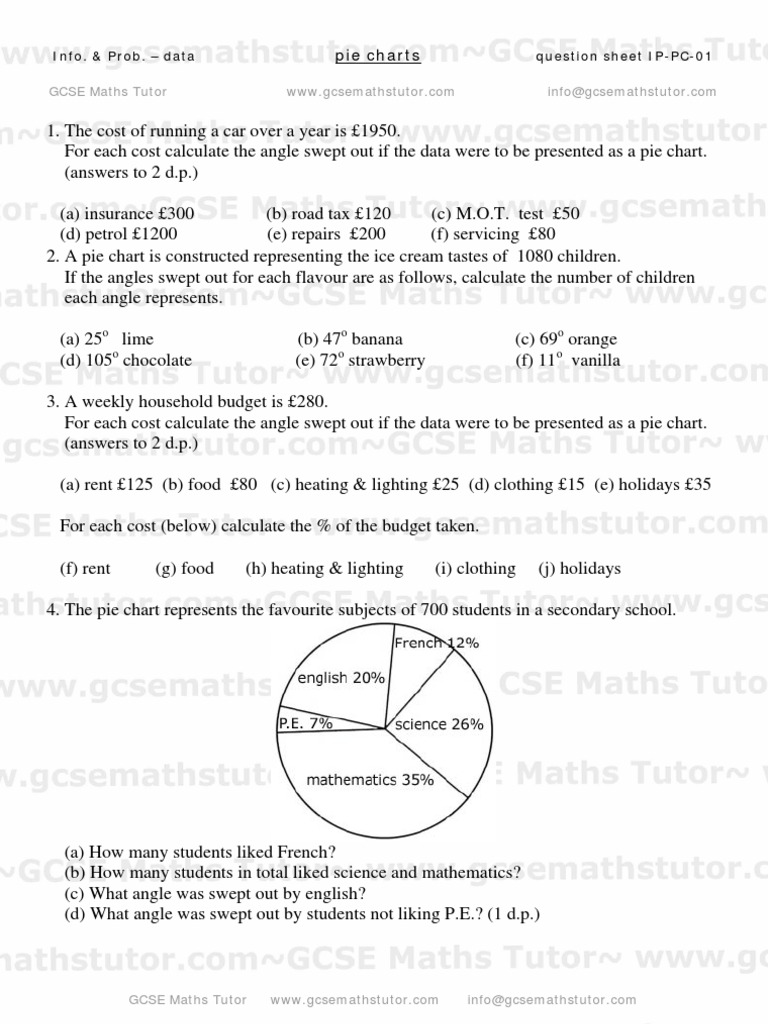 Pie Charts Worksheet, Representing Data From GCSE Maths Tutor | PDF ...
