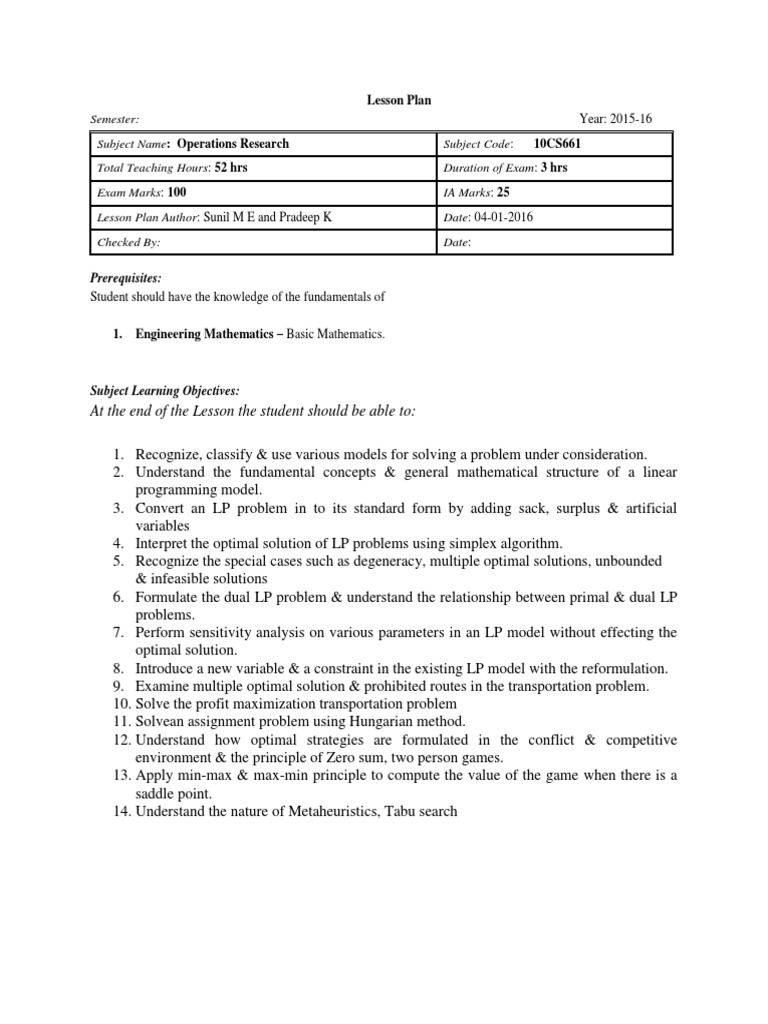 Lesson Plan NBA-Operations Research | Download Free PDF | Mathematical ...