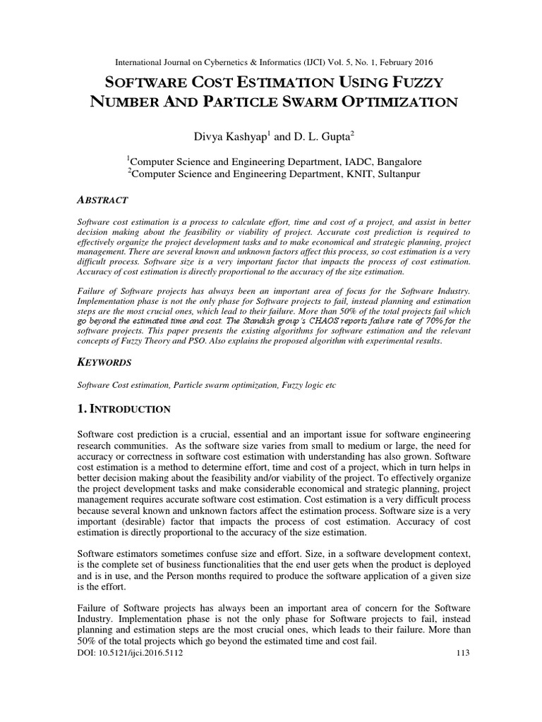 Software Cost Estimation Using Fuzzy Number And Particle Swarm Optimization Pdf Software