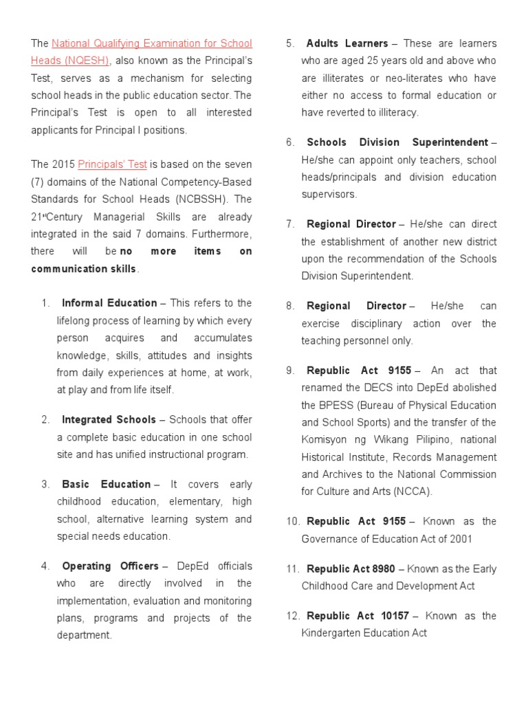 NQESH Terminology & Definitions | PDF | World Bank | Teachers