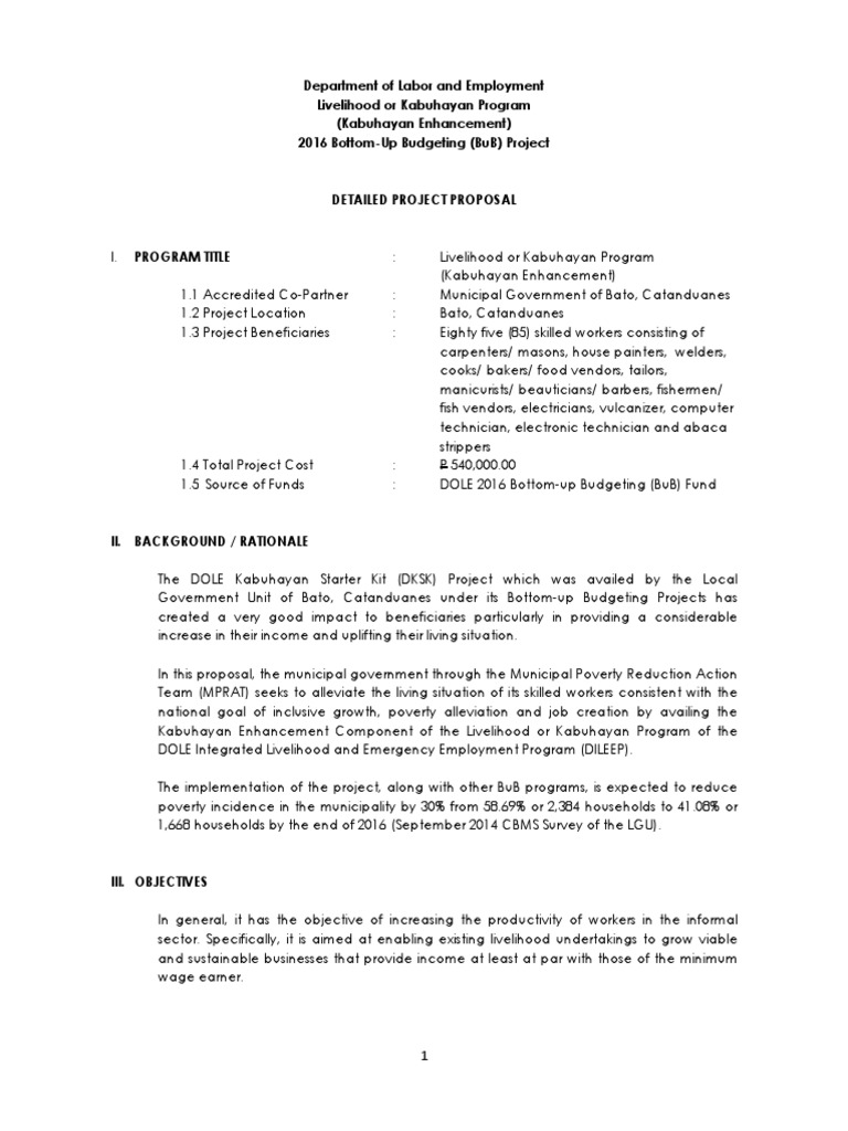 Project Proposal 2016 BuB DOLE Livelihood Or Kabuhayan Program