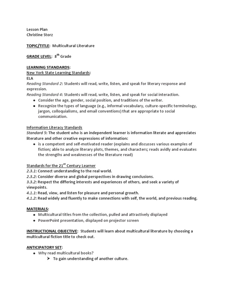 Multicultural Literature Lesson Plan | PDF | Lesson Plan | Reading ...