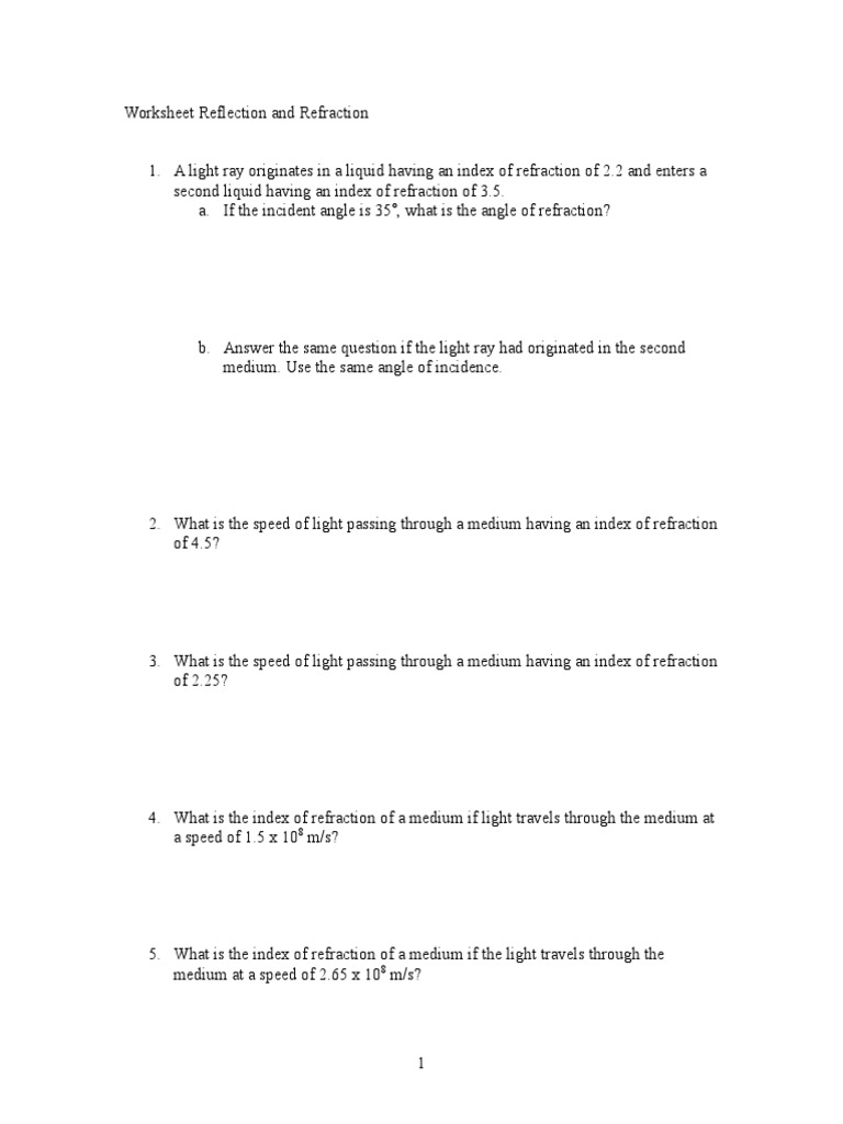 Reflection and Refraction Worksheet | PDF | Teaching Methods ...