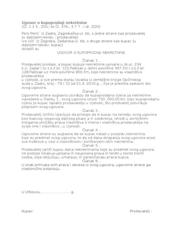 Ugovor o Kupoprodaji Nekretnine | PDF