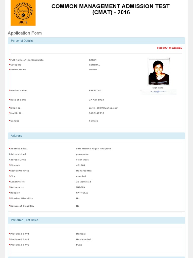 CMAT Application Form | PDF