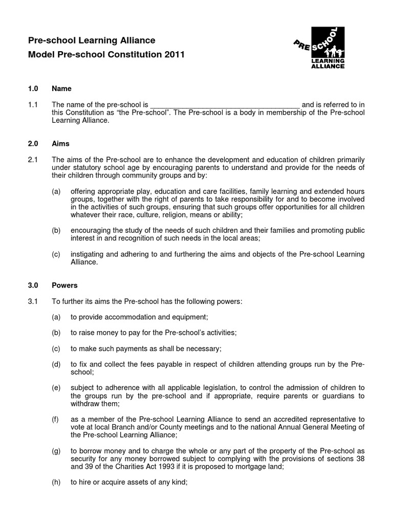 Pre-School Learning Alliance Model Pre-School Constitution 2011 | PDF ...