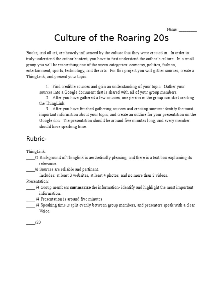Roaring 20s Culture Research Project | PDF