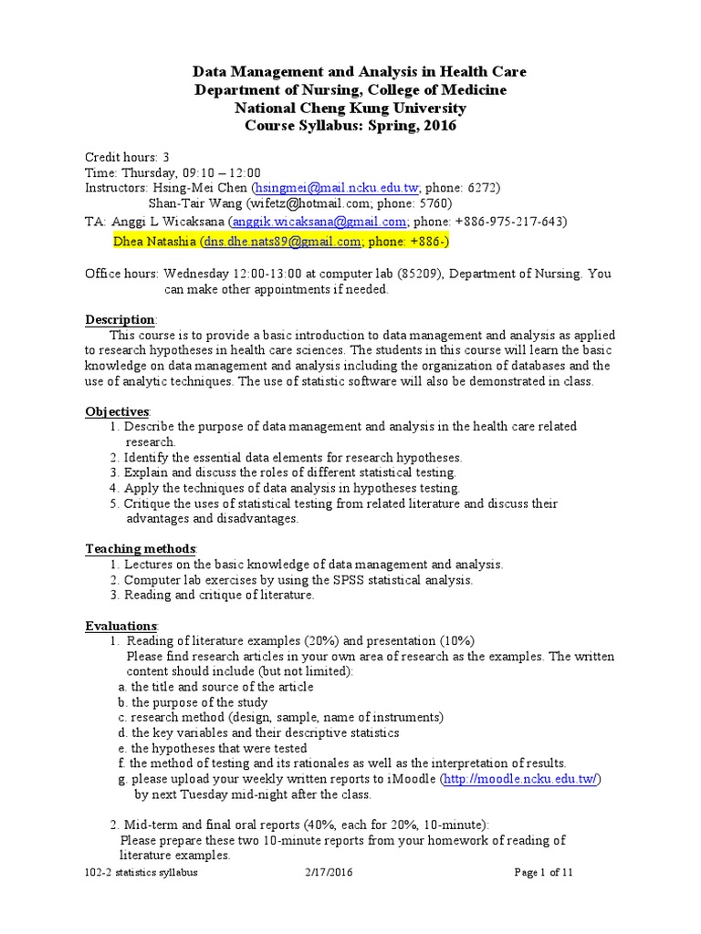 104-2 Statistics Syllabus | PDF | Data Analysis | Statistics