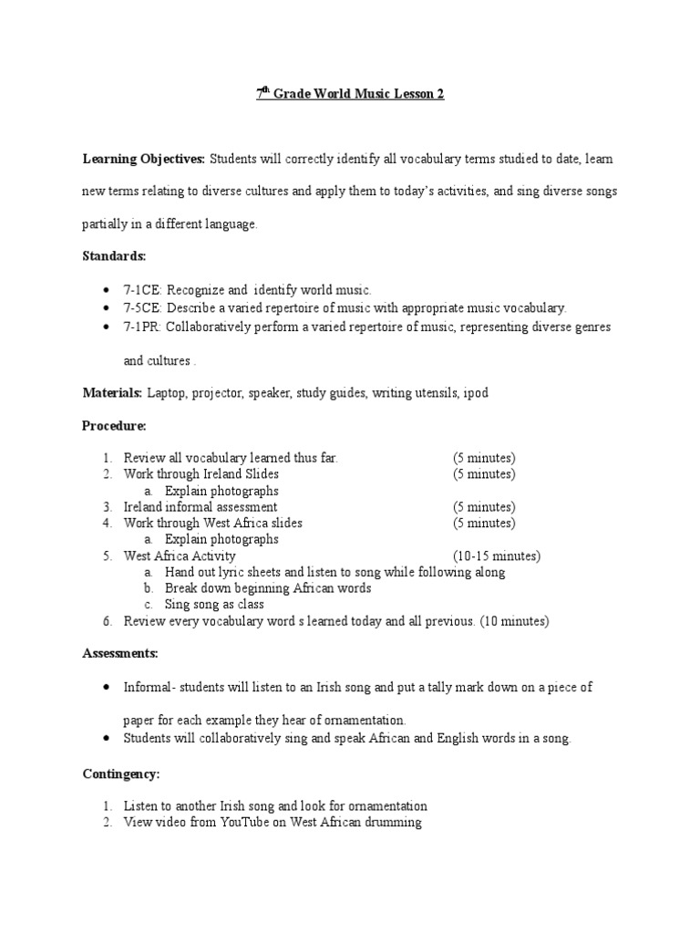 7th Grade World Music Lesson 2 | PDF