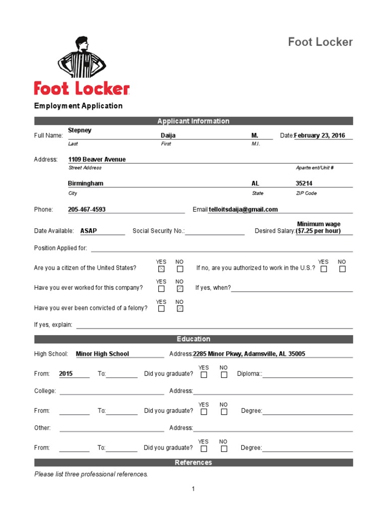 Foot Locker Job Application Form | PDF