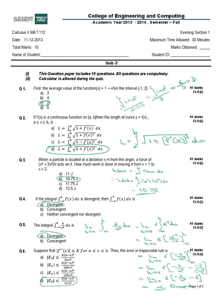 Calculus II Fall 2013 Quiz 2 | PDF | Science & Mathematics
