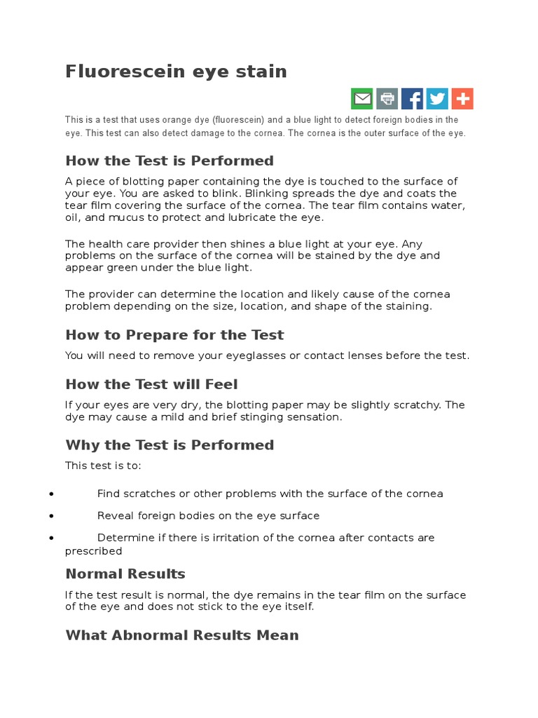 Fluorescein eye stain test detects foreign objects and cornea damage | PDF