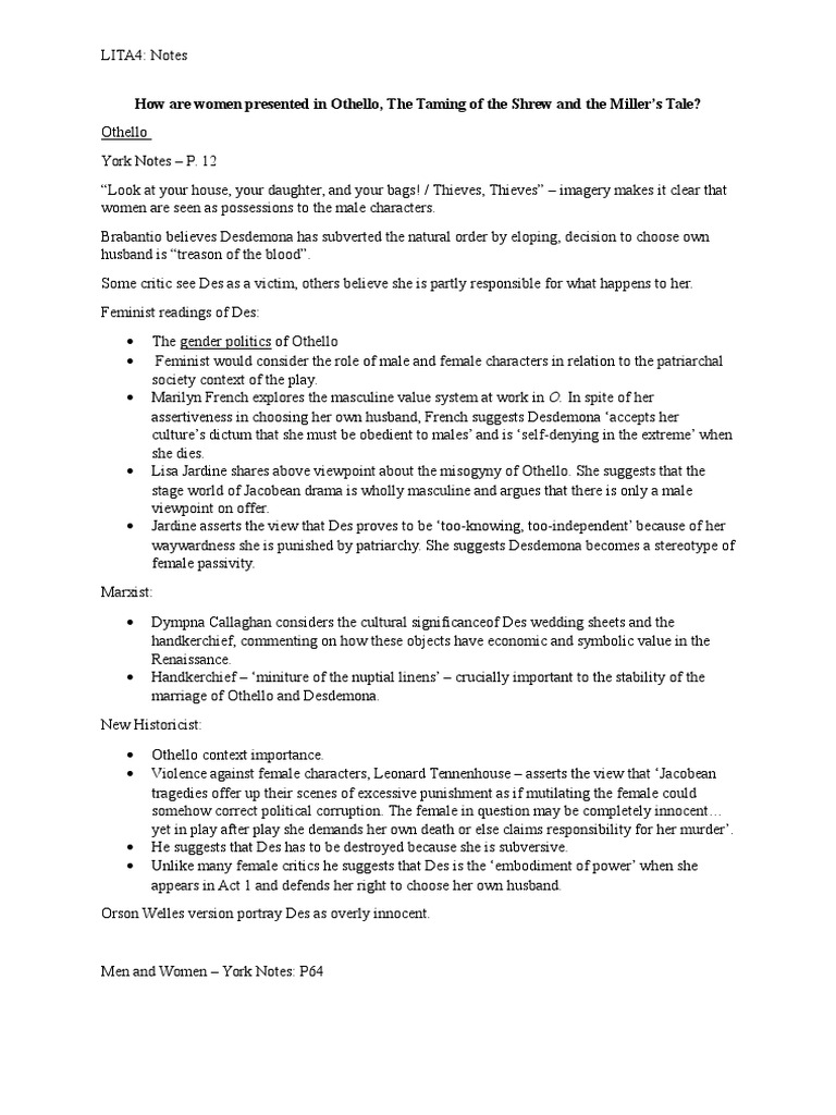 A Critical Analysis of the Portrayal of Women in Othello, The Taming of ...