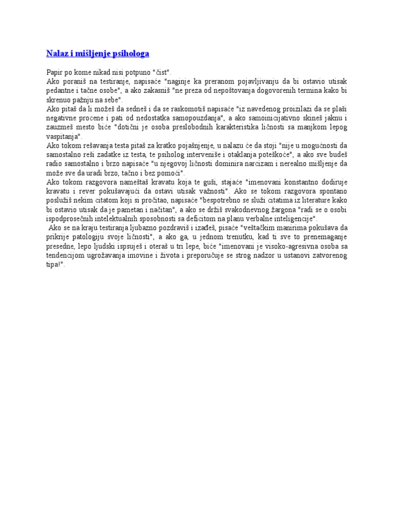 Nalaz I Mišljenje Psihologa - Kako Nas Vide Laici | PDF