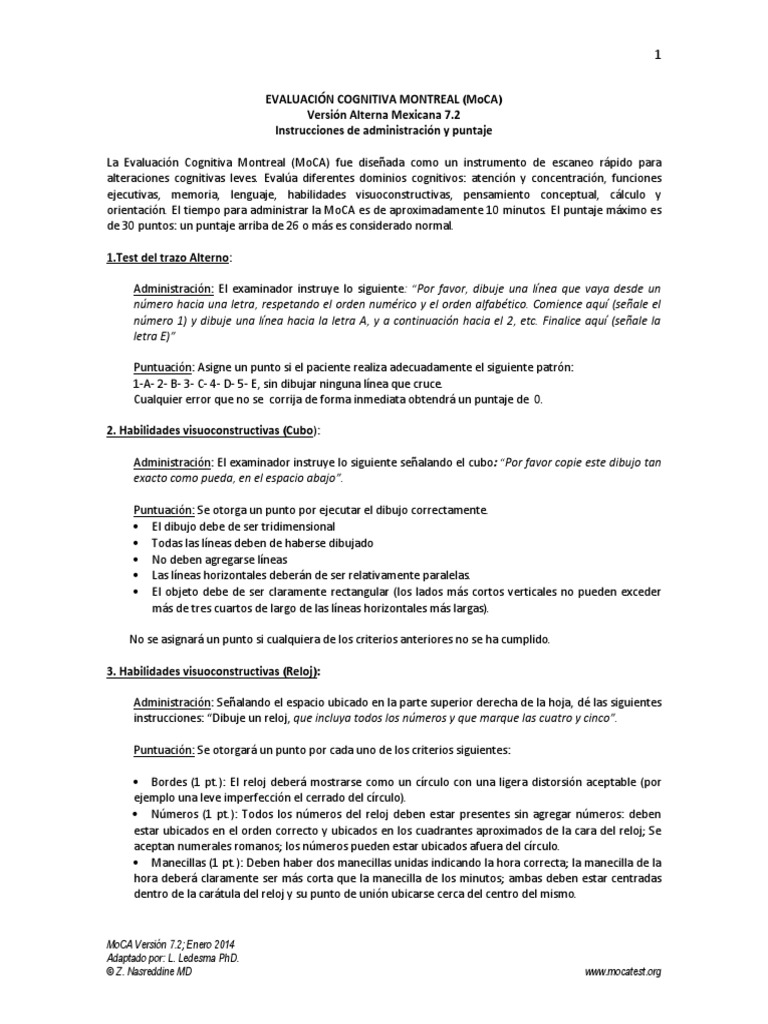 MoCA Instructions Spanish 7.2 | PDF | Reloj