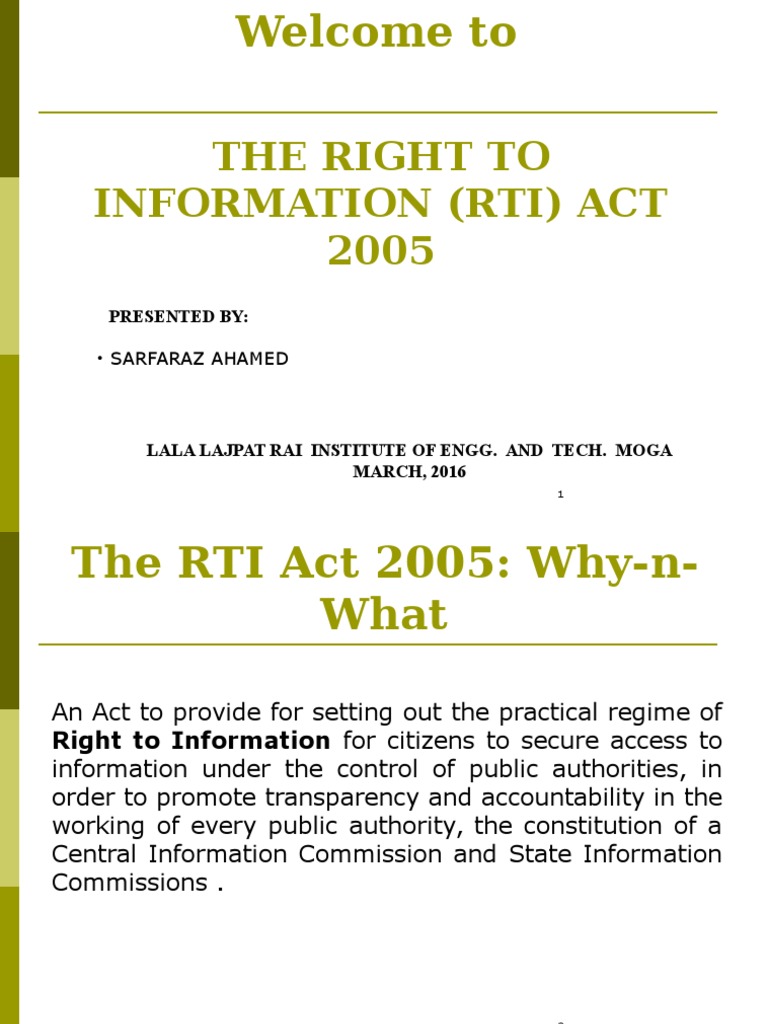 The Right To Information (Rti) Act 2005: Presented by | PDF | Freedom ...