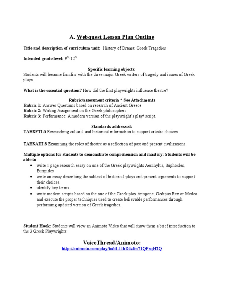 Webquest Lesson Plan Outline Pdf Greek Tragedy Tragedy