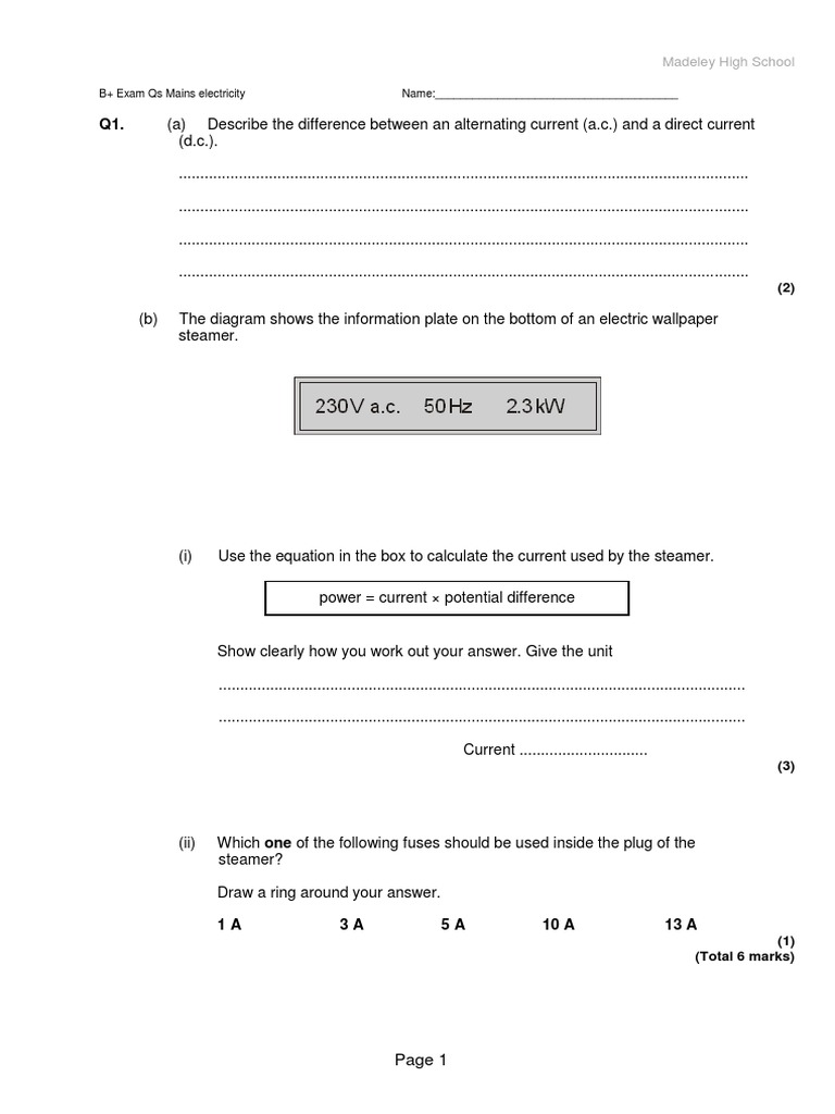 60 Mins Mains Electricity Exam Qs B+ With Answers | PDF | Electric ...