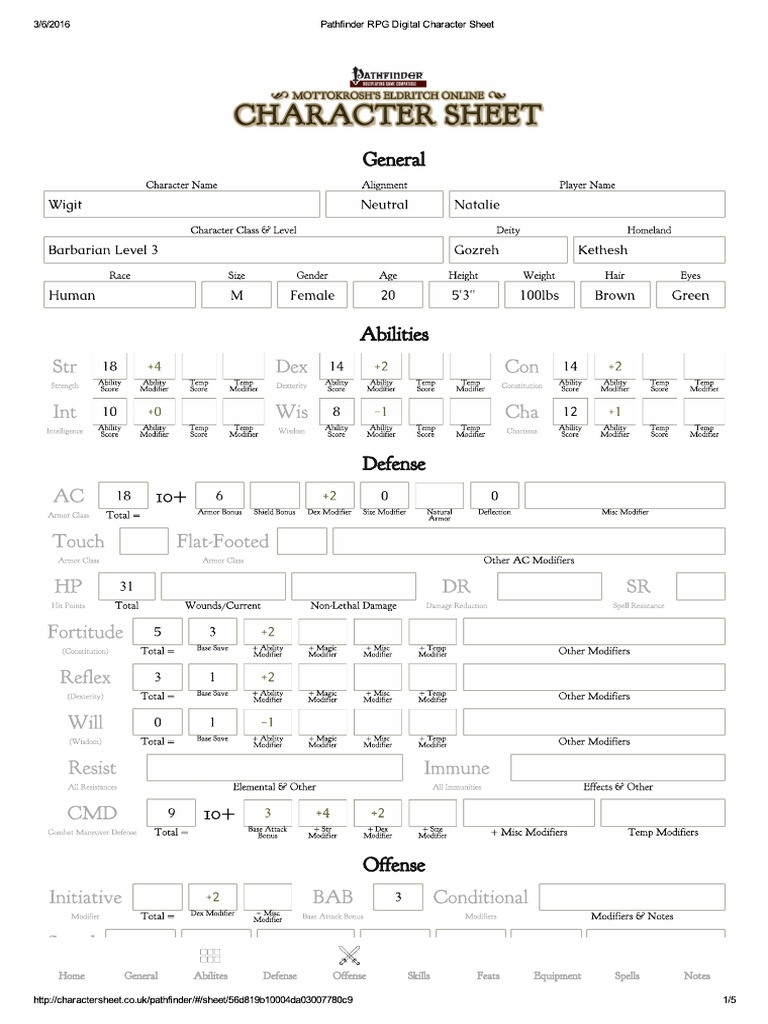 Pathfinder RPG Digital Character Sheet - Wigit | PDF | Leisure