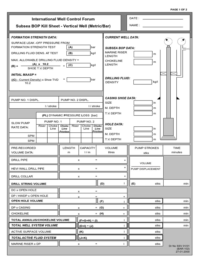 International Well Control Forum Subsea BOP Kill Sheet - Vertical Well ...