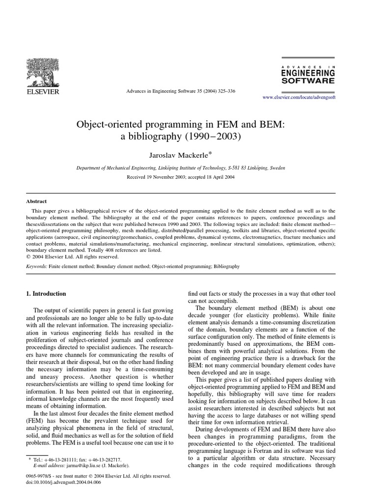 Object Oriented Programming In Fem And Bem A Bibliography 1990 2003 2004 Advances In Engineering