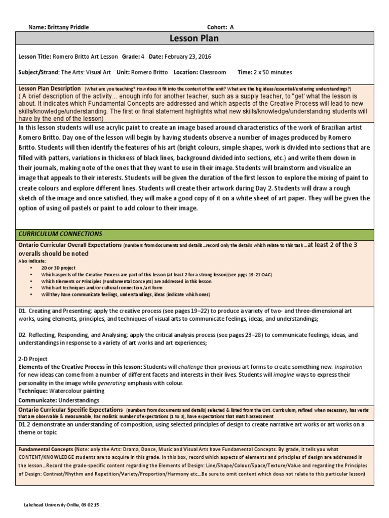 Grade 4 Romero Britto Art Lesson Plan | PDF | Color | Paintings