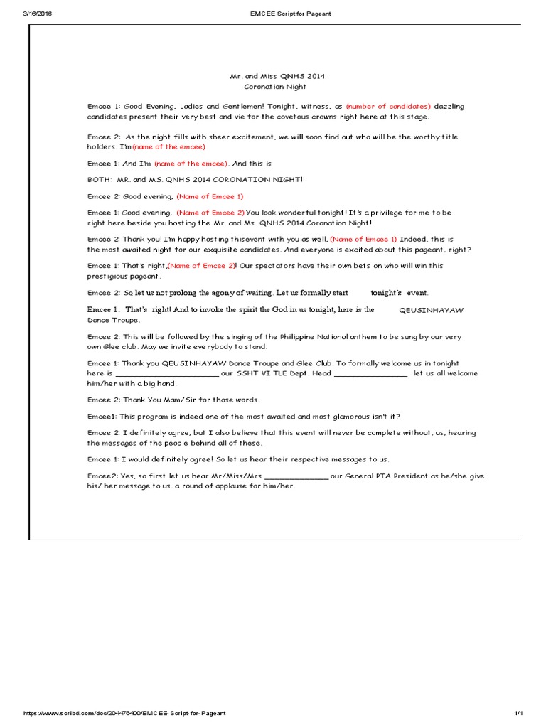 EMCEE Script For Pageant PDF | PDF | Language Arts & Discipline | Art