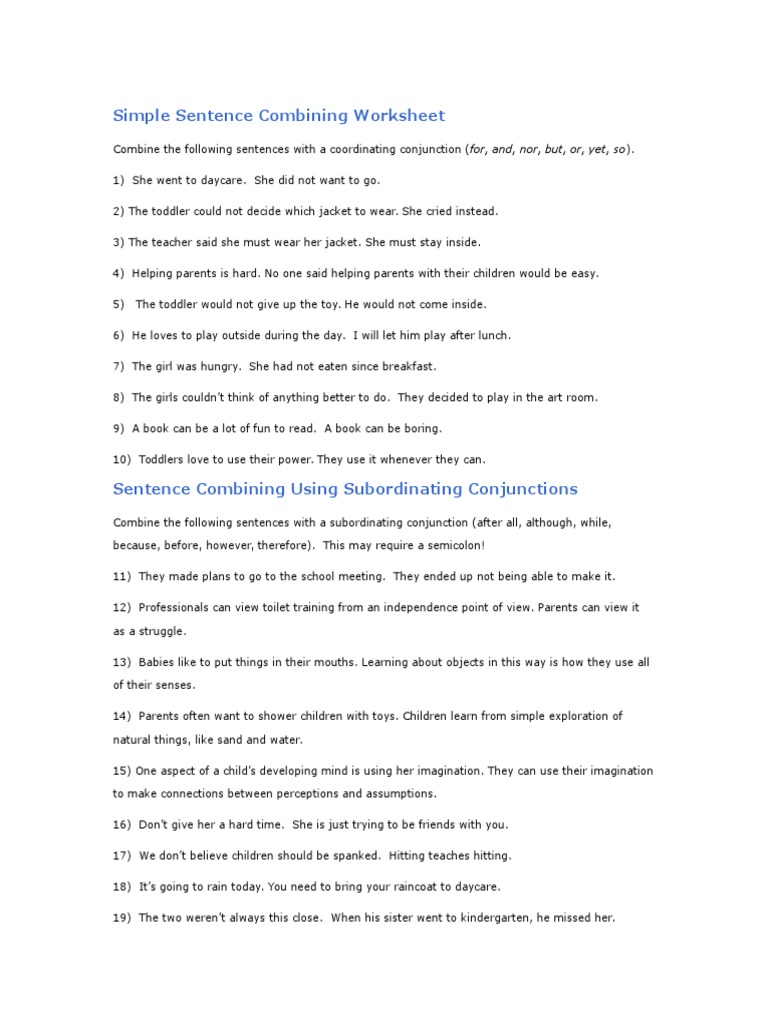 Simple Sentence Combining Worksheet | PDF | Day Care | Toys