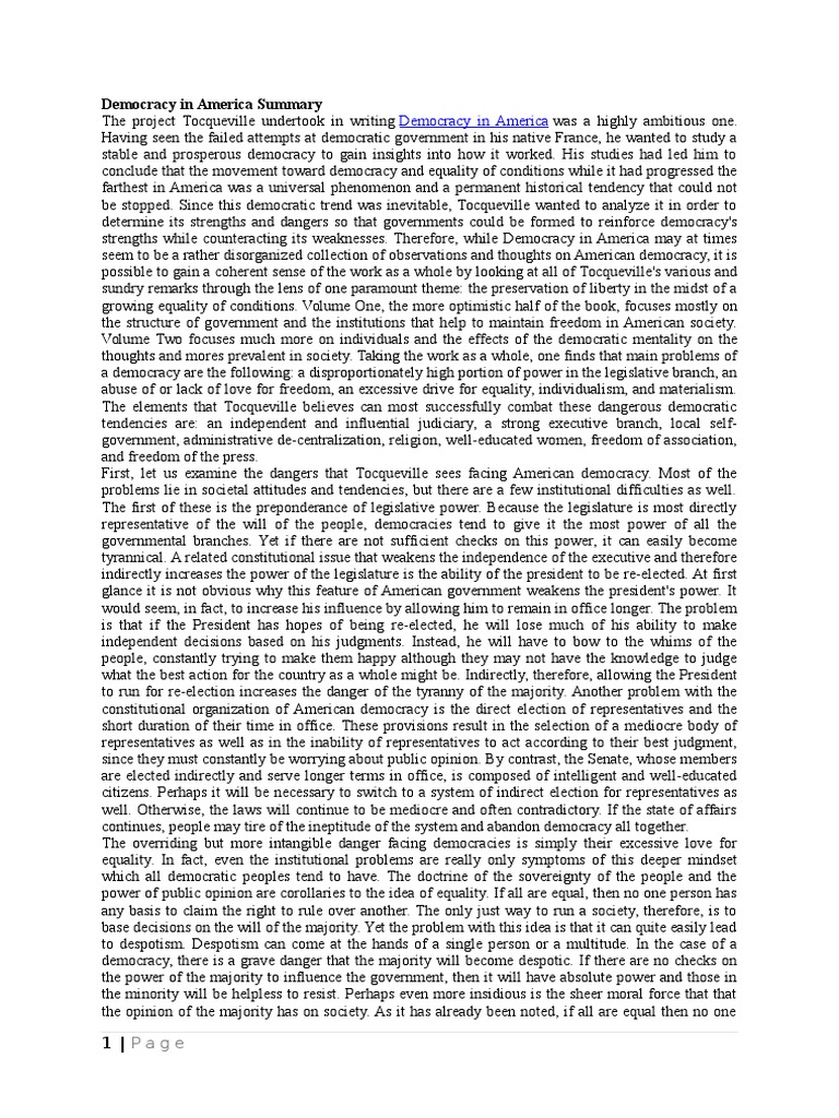 Democracy in America Summary | PDF | Alexis De Tocqueville | Democracy ...
