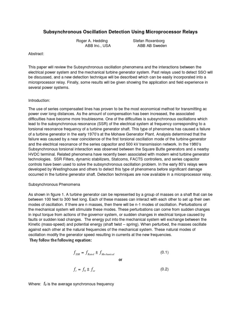 Subsynchronous Oscillation Detection Using Microprocessor Relays Pdf Spectral Density