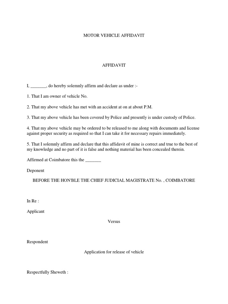 Affidavit of Undertaking To Produce Motor Vehicle | Affidavit | Magistrate