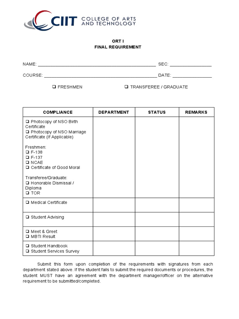 ORT I Final Requirement Checklist | PDF