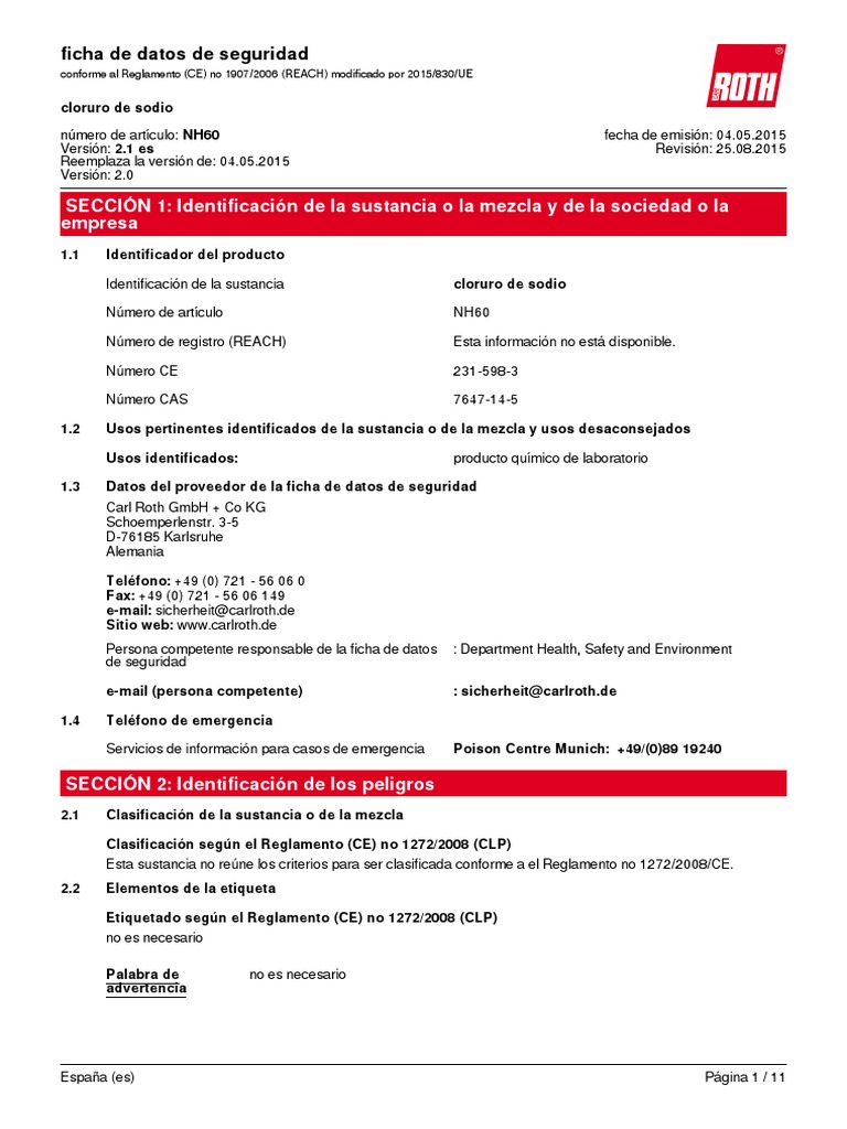 Ficha de Seguridad NaCl | PDF | Toxicidad | Agua