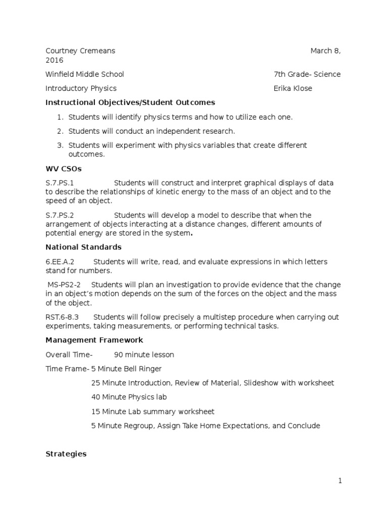 7th Grade Physics Lesson Plan | PDF | Individualized Education Program ...