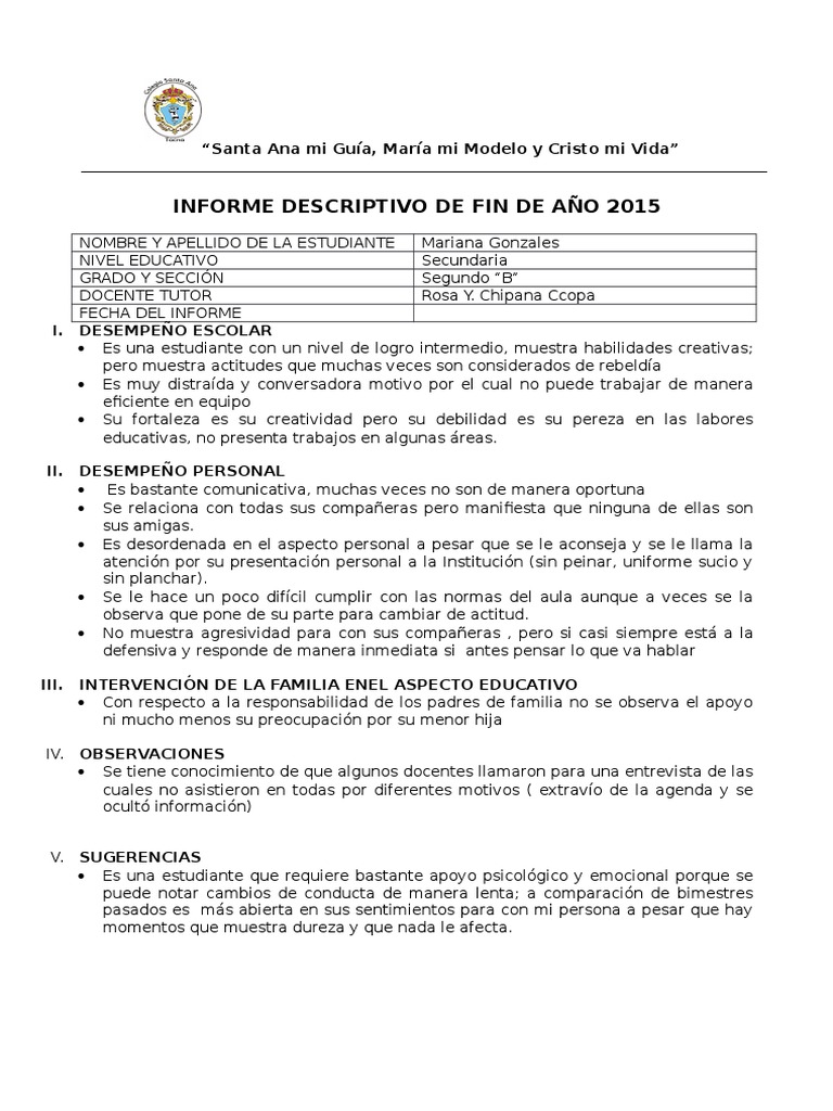 Informe Descriptivo de Fin de Año 2015 | Sicología y ciencia cognitiva ...