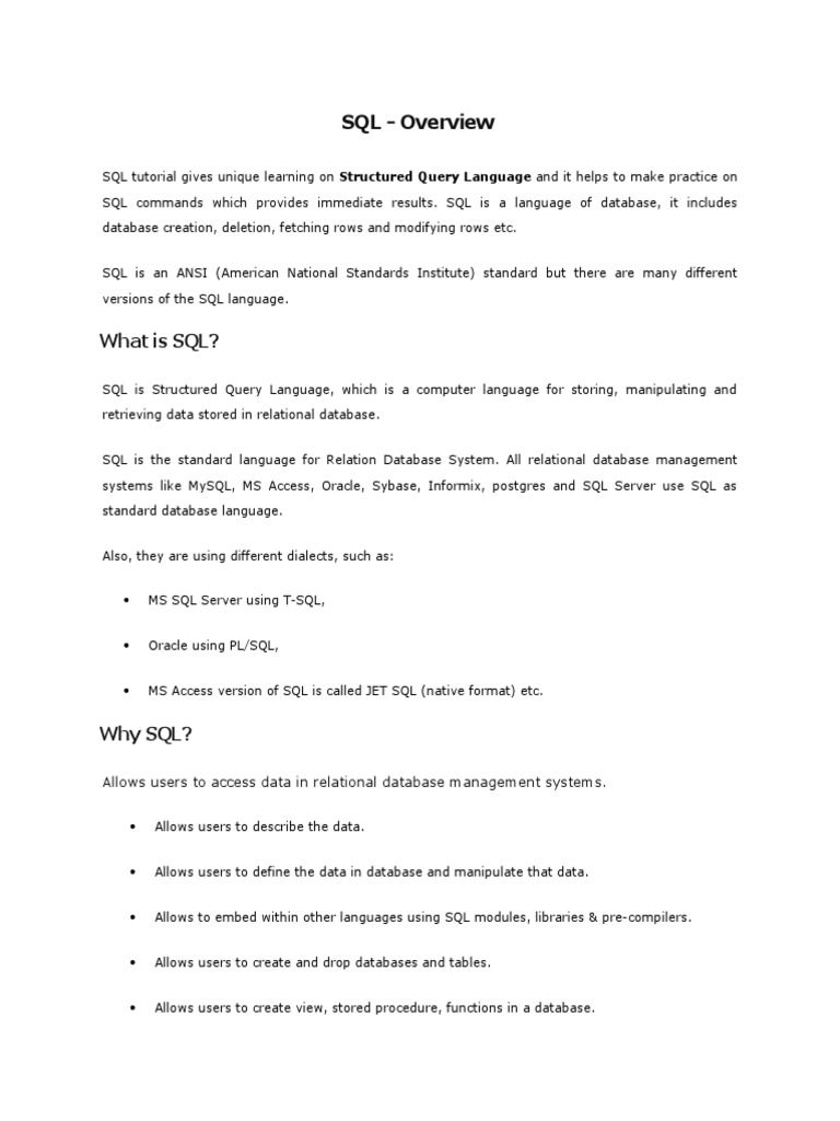 SQL - Overview | PDF | Microsoft Access | Sql