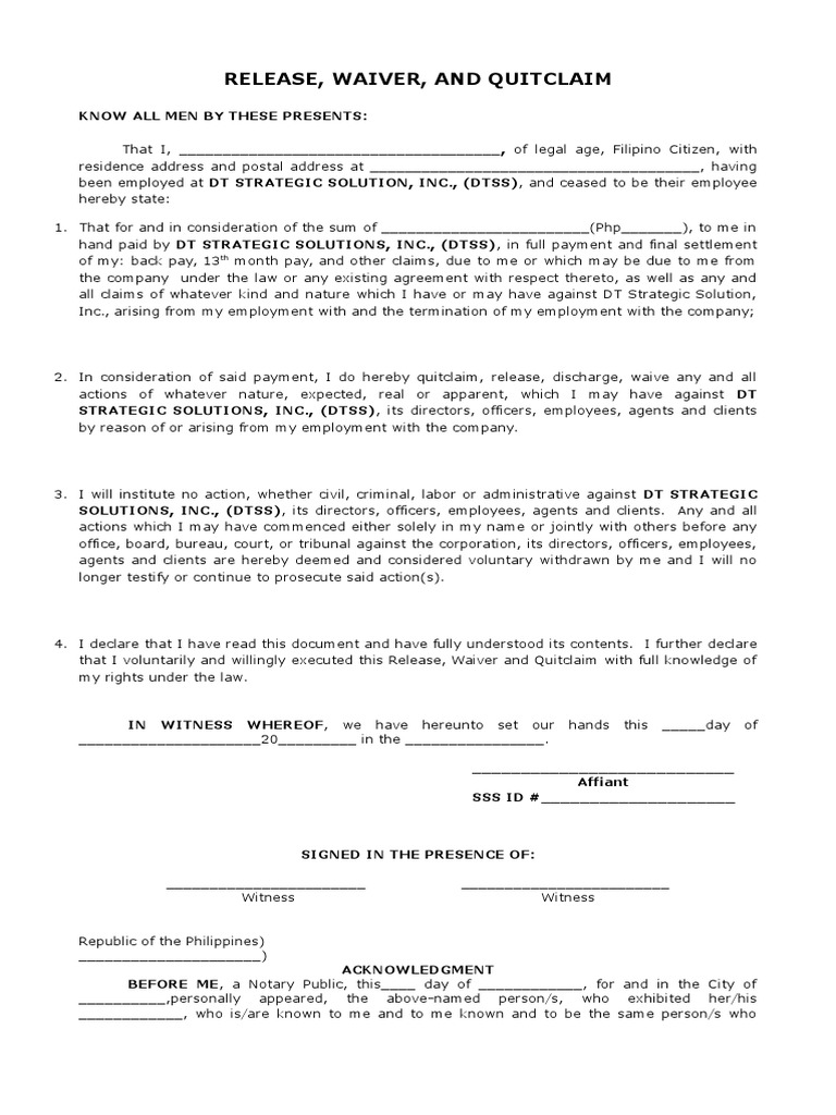Sample Quit Claim Form for Employees | PDF