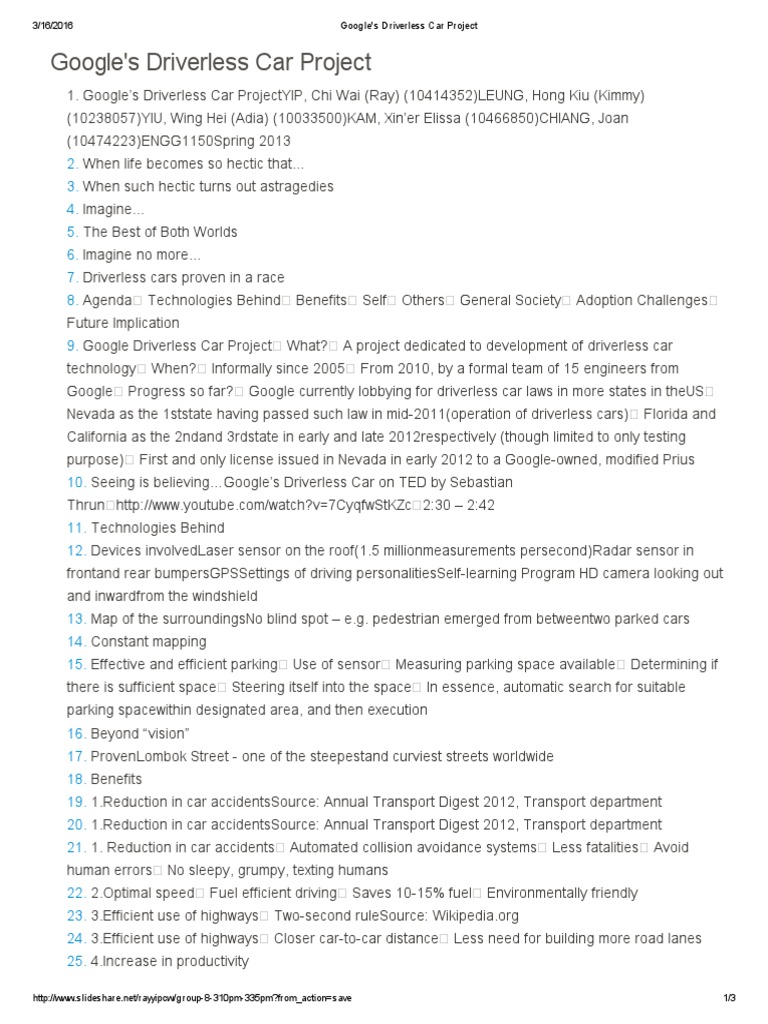 Overview of Google's Driverless Car Project | PDF | Car | Transport