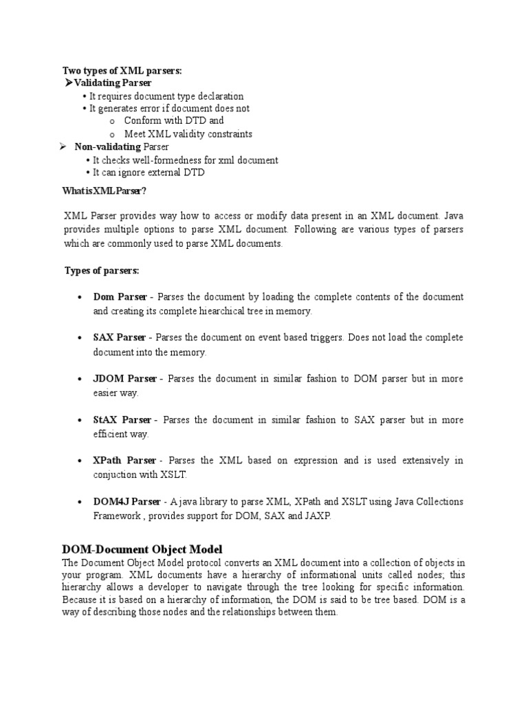 Two Types of XML Parsers | PDF | Xml | Document Object Model