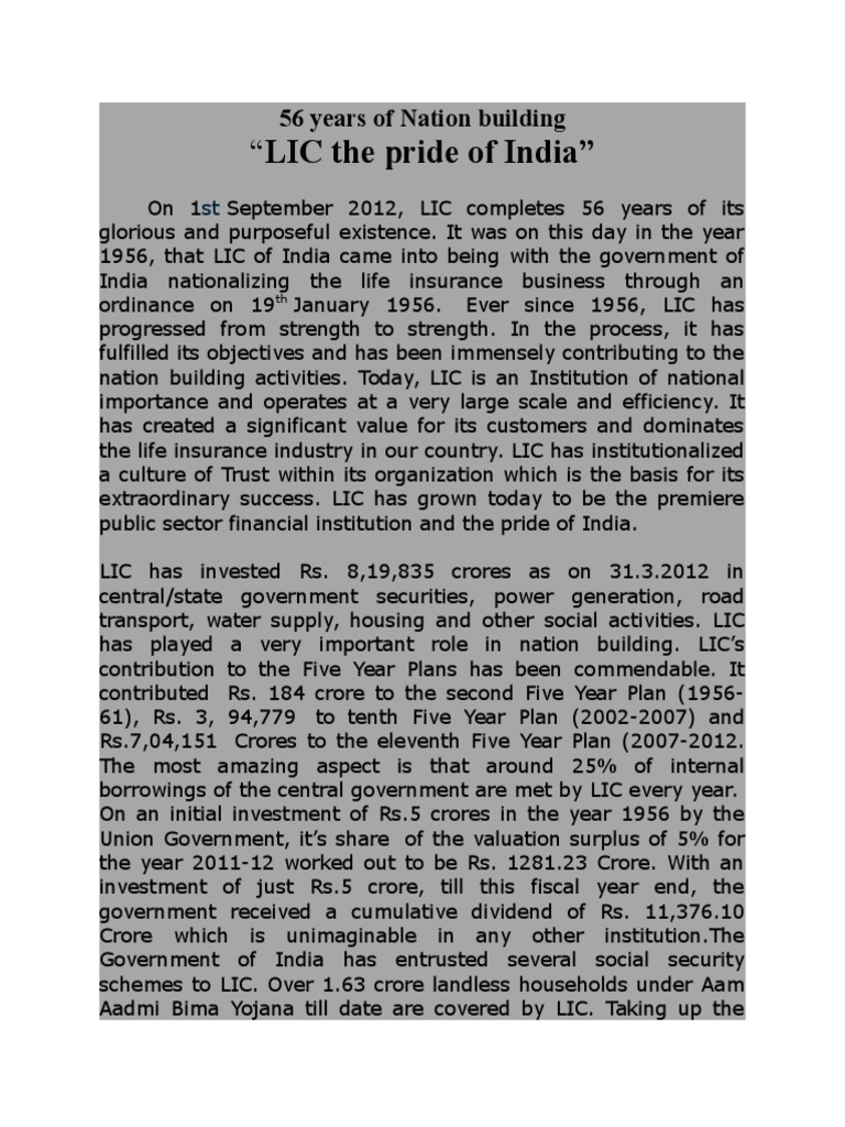 56 years of Nation building: LIC's role in India's development | PDF ...