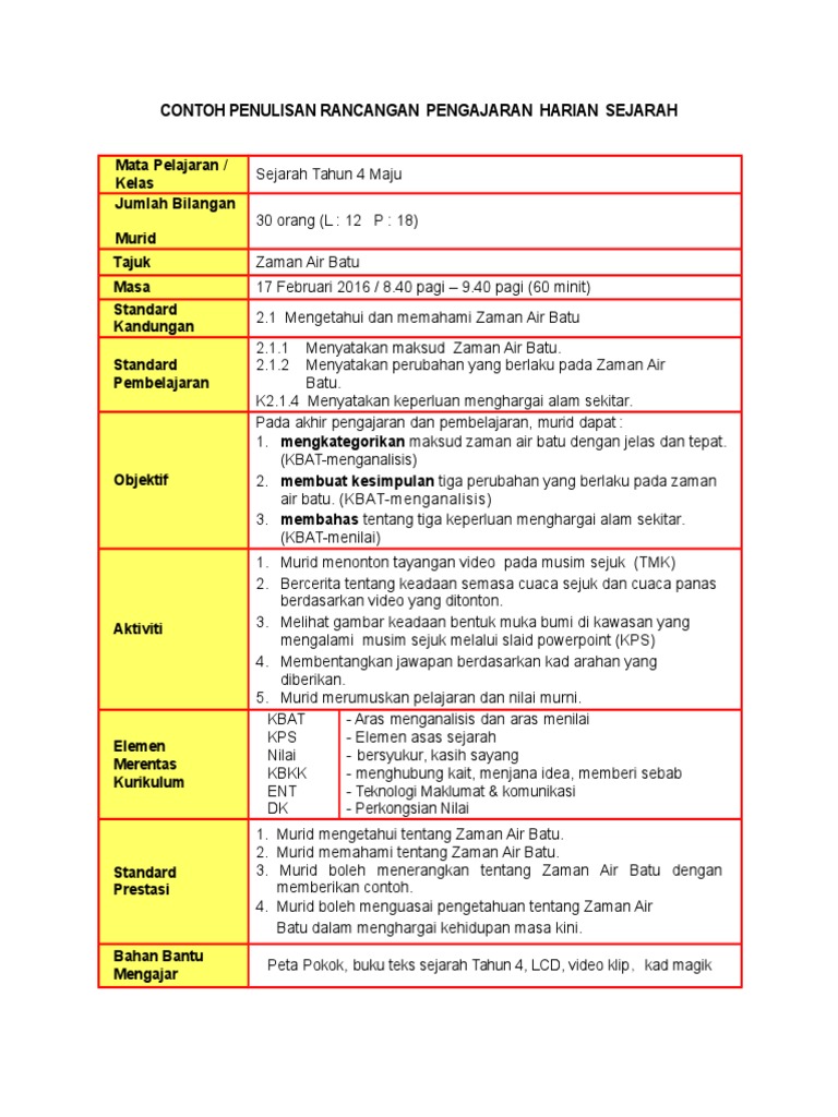 Contoh Penulisan RPH Sejarah | PDF