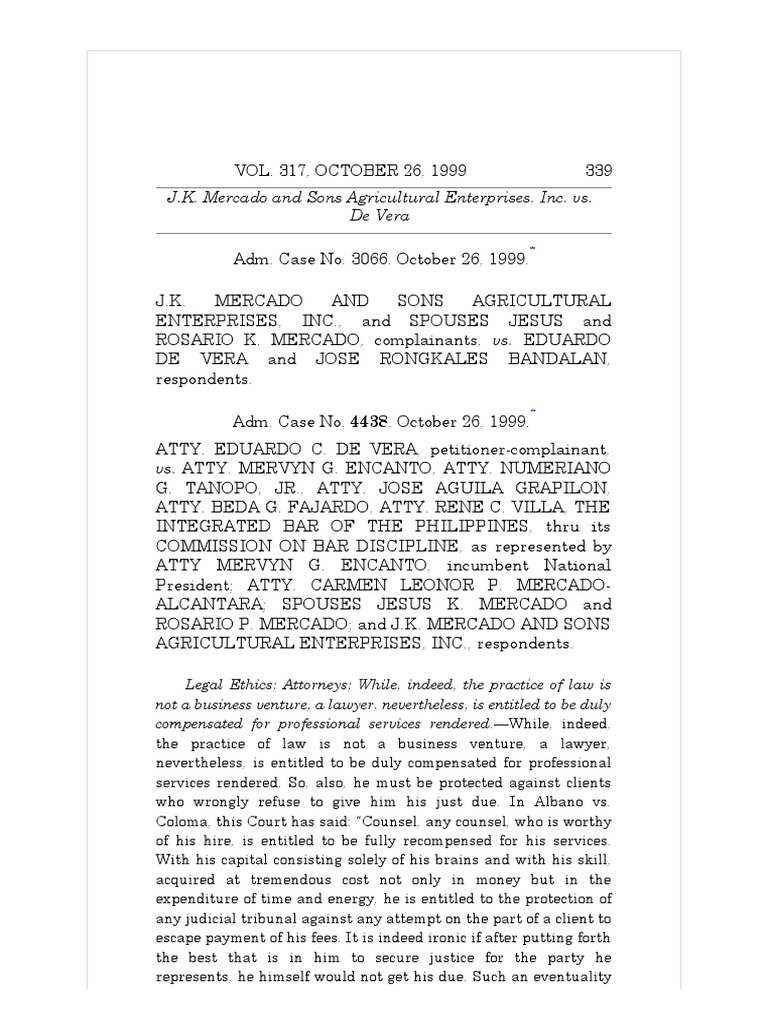 J.K. Mercado & Sons vs. Atty. de Vera | PDF | Lawyer | Attorney's Fee