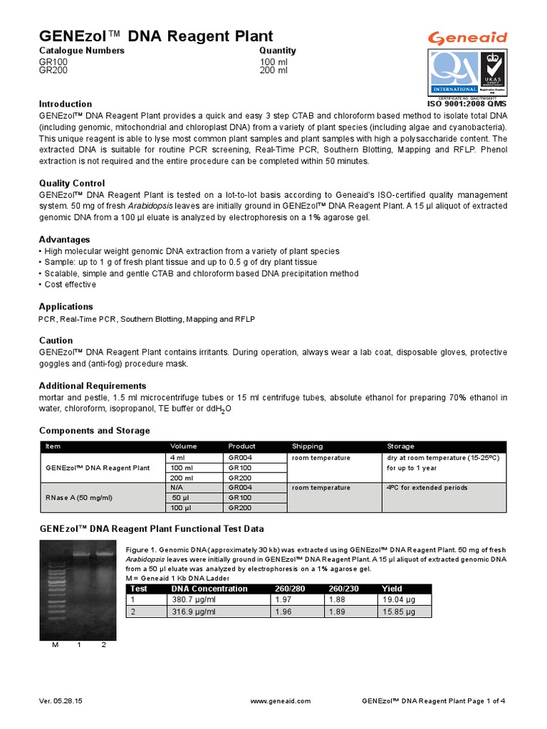Geneaid DNA Reagent Plant GR200 | PDF | Agarose Gel Electrophoresis ...