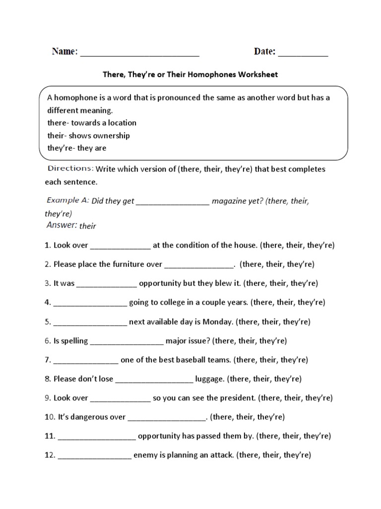 Homophones Worksheet: There, Their, They’re | PDF | Language Arts ...